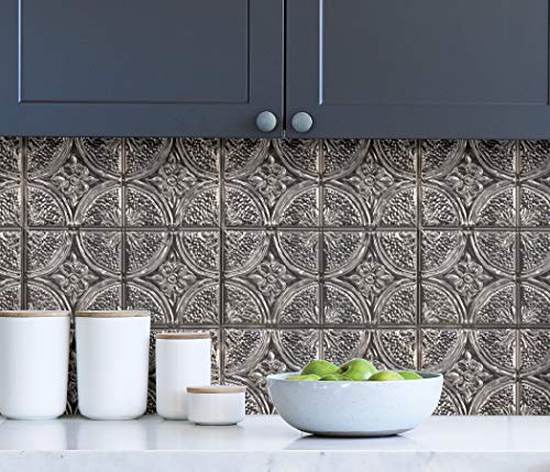 InHome NH3922 Camden Antique SSilver Faux Tin Peel & Stick Backsplash Tiles, Metallic