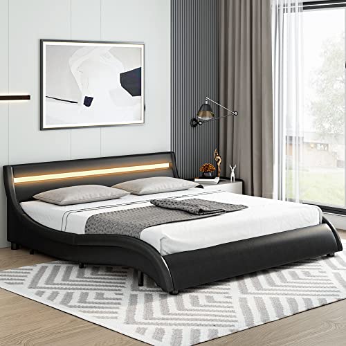 Keyluv Modern Upholstered Platform Bed Frame with LED Lights Headboard, Faux Leather Wave-Like Platform Bed Frame,Strong Wood Slats Support, Easy Assembly, Black, Queen Size