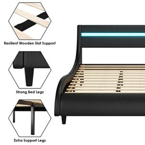 Keyluv Modern Upholstered Platform Bed Frame with LED Lights Headboard, Faux Leather Wave-Like Platform Bed Frame,Strong Wood Slats Support, Easy Assembly, Black, Queen Size