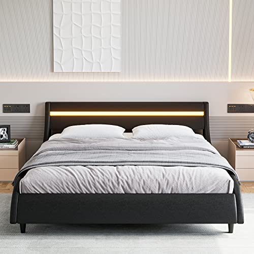 Keyluv Modern Upholstered Platform Bed Frame with LED Lights Headboard, Faux Leather Wave-Like Platform Bed Frame,Strong Wood Slats Support, Easy Assembly, Black, Queen Size