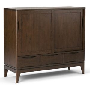 simplihome harper solid wood 48 inch wide mid century modern medium storage cabinet in walnut brown, with large space behind 2 sliding notched handle doors, 2 adjustable shelves