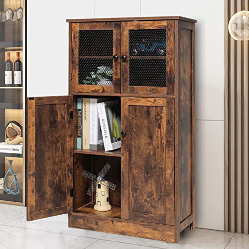 usikey Large Storage Cabinet with 4 Doors, Retro Floor Cabinet with Adjustable Shelf, 42.9”H x 23.6”L x 11.8”W, Multifunctional Cupboard, Sideboard for Bedroom, Living Room, Rustic Brown