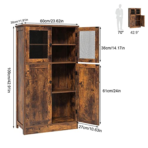 usikey Large Storage Cabinet with 4 Doors, Retro Floor Cabinet with Adjustable Shelf, 42.9”H x 23.6”L x 11.8”W, Multifunctional Cupboard, Sideboard for Bedroom, Living Room, Rustic Brown