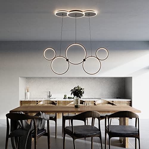 OKES Black Chandeliers,Modern Led Pendant Lights Fixture with Remote,Dimmable Adjustable 5 Rings Circles Hanging Chandelier Fixtures for Kitchen Island,Bedroom,Living Room,Dining Room,3000-6000K