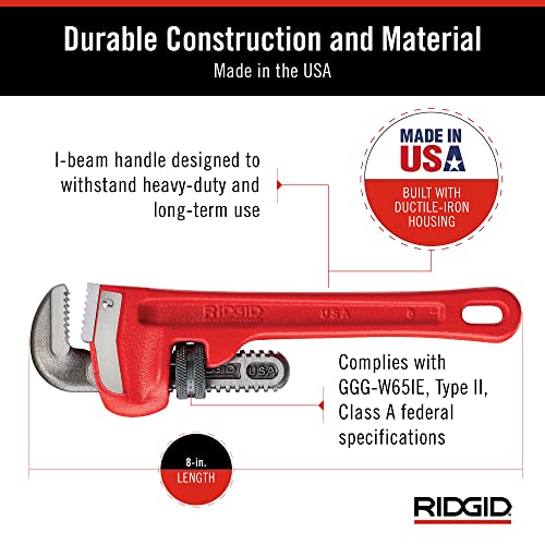 RIDGID 31005 Model 8 Heavy-Duty Straight Pipe Wrench, 8-inch Plumbing Wrench