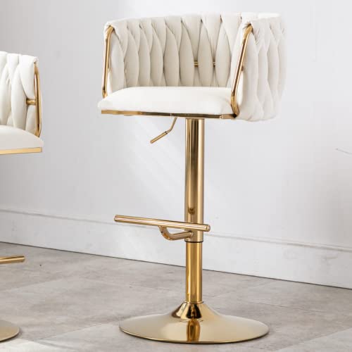 LukeAlon Velvet Swivel Bar Stools, Modern Height Adjustable Counter Height Bar Chair with Golden Base Weaved Backrest Barstool with Footrest for Home Bar Kitchen, White