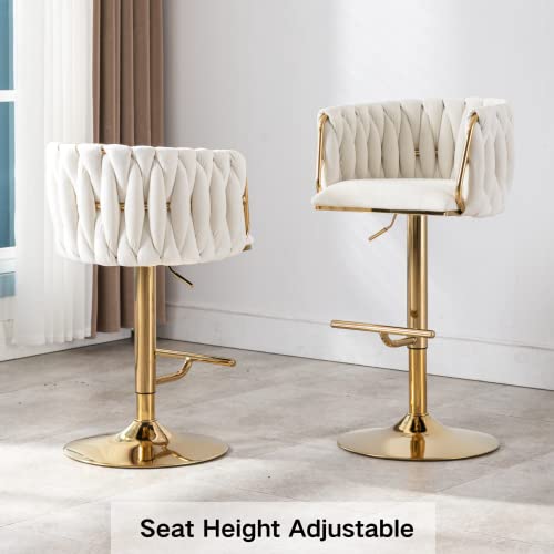 LukeAlon Velvet Swivel Bar Stools, Modern Height Adjustable Counter Height Bar Chair with Golden Base Weaved Backrest Barstool with Footrest for Home Bar Kitchen, White