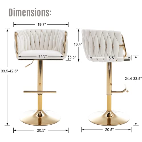 LukeAlon Velvet Swivel Bar Stools, Modern Height Adjustable Counter Height Bar Chair with Golden Base Weaved Backrest Barstool with Footrest for Home Bar Kitchen, White