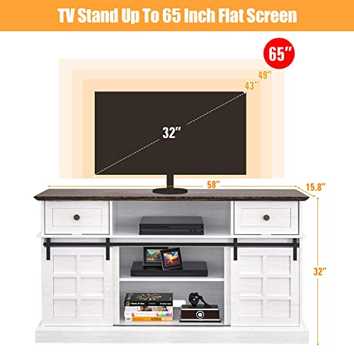 LGHM Entertainment Center, White TV Stand for 65 inch TV, 58" Farmhouse TV Stand with Sliding Barn Door, Tall TV Console and Ideal Media Storage with Flip Drawers for Living Room