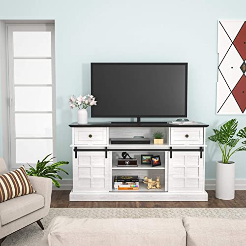 LGHM Entertainment Center, White TV Stand for 65 inch TV, 58" Farmhouse TV Stand with Sliding Barn Door, Tall TV Console and Ideal Media Storage with Flip Drawers for Living Room