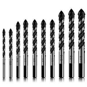 10-piece masonry drill bits set for tile glass ceramic brick wood, 1/8 to 1/2 inch drilling bits with triangle handle, yg8 tungsten steel alloy tip.（black）