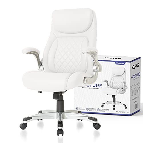 Nouhaus +Posture Ergonomic PU Leather Office Chair. Click5 Lumbar Support with FlipAdjust Armrests. Modern Executive Chair and Computer Desk Chair (White)