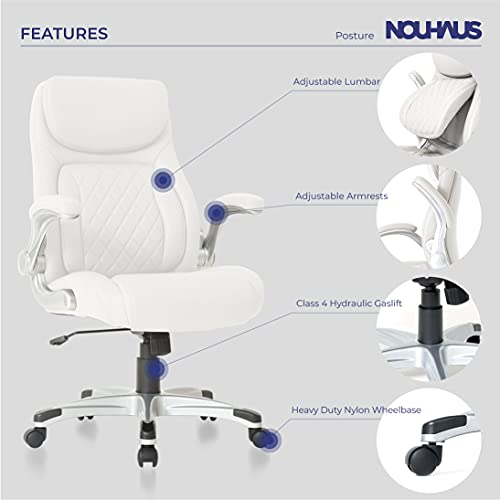 Nouhaus +Posture Ergonomic PU Leather Office Chair. Click5 Lumbar Support with FlipAdjust Armrests. Modern Executive Chair and Computer Desk Chair (White)