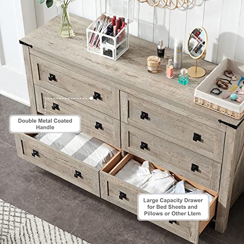 T4TREAM Farmhouse 6 Drawers Dresser Chests for Bedroom, Wood Rustic Wide Chset of Drawers,Storage Dressers Organizer for Bedroom, Living Room,Hallway, Light Rustic Oak