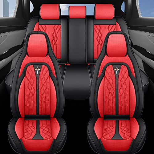 Begonydeer Red&Black Front and Rear Seat Covers Full Coverage Leather Seat Cover 11Pcs Universal Seat Covers for Cars, Auto, Truck, SUV in Auto Interior Accessories (H-Red&Black)