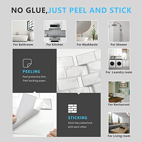 URCOLOR 10-Sheet Peel and Stick Backsplash Tile Sticker for Kitchen,12"x12" Self Adhesive Subway Wall Tiles Stick on Back Splashes for Bathroom White Marble Design