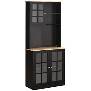 homcom kitchen buffet with hutch, storage pantry with 3 cabinets, 2 open shelves and large countertop, black