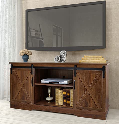 Rainbow Sophia Farmhouse Sliding Barn Door TV Stand for TVs up to 65 Inches, 58 Inch (Dark Walnut)