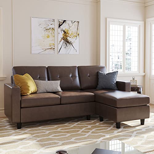 HONBAY Convertible Sectional Sofa Couch, L Shaped Sofa Couch with Faux Leather Sectional for Small Apartment, Brown