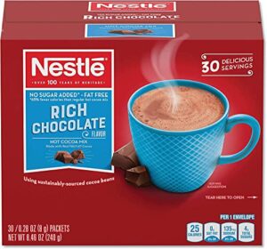 nestle hot chocolate packets, hot cocoa mix, no sugar added and fat free, 30 count (0.28 ounce each)