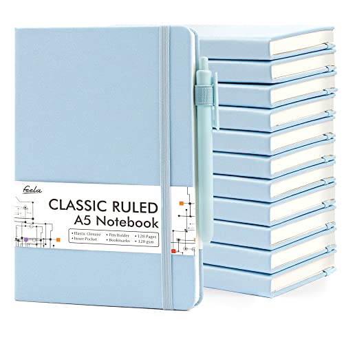 12 Pack Notebooks Journals Bulk with 12 Black Pens, Feela A5 Hardcover Notebook Classic Ruled Journal Set with Pen Holder for School Business Work Travel Writing, 120 GSM, 5.1”x8.3”, Light Blue