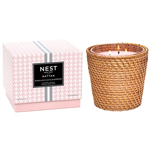 NEST Fragrances Himalayan Salt & Rosewater Scented 3-Wick, Long-Lasting Candle for Home with Rattan Sleeve, 21 Oz