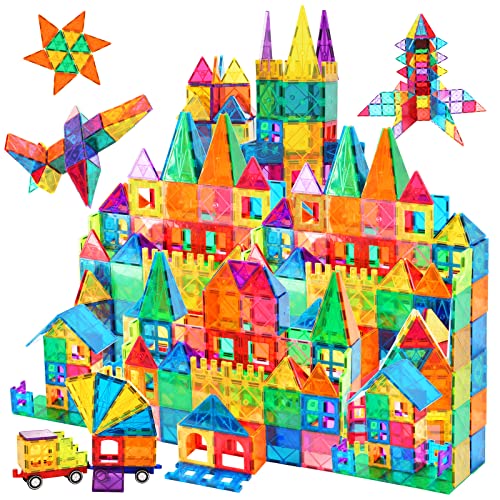 AFUNX 130 PCS Magnetic Tiles Building Blocks 3D Clear Magnetic Blocks Construction Playboards, Inspiration Building Tiles Creativity Beyond Imagination, Educational Magnet Toy Set for Kids with 2 Cars