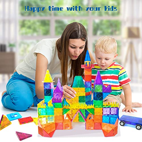 AFUNX 130 PCS Magnetic Tiles Building Blocks 3D Clear Magnetic Blocks Construction Playboards, Inspiration Building Tiles Creativity Beyond Imagination, Educational Magnet Toy Set for Kids with 2 Cars