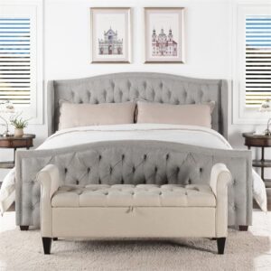 Jennifer Taylor Home Marcella Upholstered Shelter Headboard Bed Set, King, Silver Grey Polyester