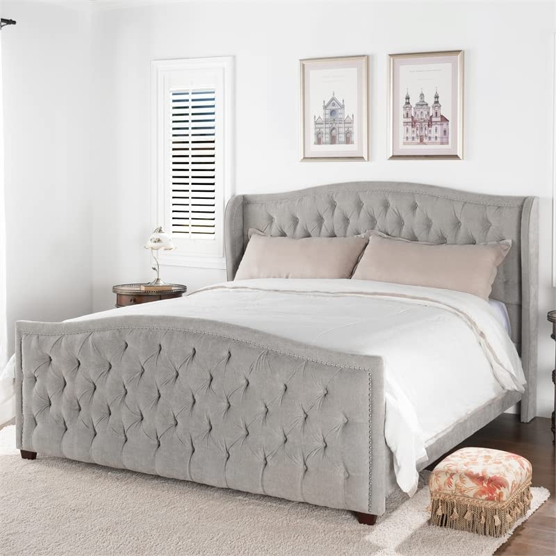 Jennifer Taylor Home Marcella Upholstered Shelter Headboard Bed Set, King, Silver Grey Polyester