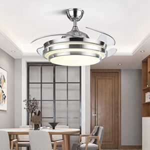 Fandian 42" Modern Ceiling Light with Fans Remote Control, 4 Retractable Blades with 3 Light Color Change Ceiling Fan for Living Bedroom Restaurant, Silver Color with Silent Motor (42In-1)