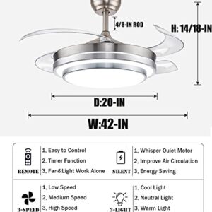 Fandian 42" Modern Ceiling Light with Fans Remote Control, 4 Retractable Blades with 3 Light Color Change Ceiling Fan for Living Bedroom Restaurant, Silver Color with Silent Motor (42In-1)