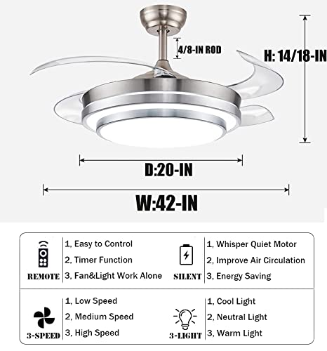 Fandian 42" Modern Ceiling Light with Fans Remote Control, 4 Retractable Blades with 3 Light Color Change Ceiling Fan for Living Bedroom Restaurant, Silver Color with Silent Motor (42In-1)