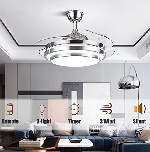 Fandian 42" Modern Ceiling Light with Fans Remote Control, 4 Retractable Blades with 3 Light Color Change Ceiling Fan for Living Bedroom Restaurant, Silver Color with Silent Motor (42In-1)