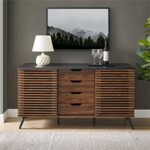 Walker Edison Modern 4 Drawer Sliding Door Wood Cabinet Buffet Entryway Serving Storage Cabinet Doors Dining Room Console, 59 Inch, Black and Dark Walnut