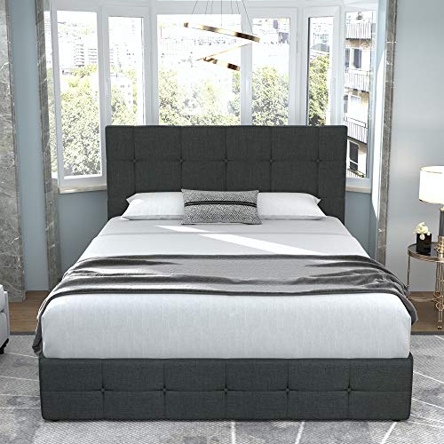 Allewie Upholstered Queen Size Platform Bed Frame with 4 Storage Drawers and Headboard, Square Stitched Button Tufted Mattress Foundation with Wooden Slats Support, No Box Spring Needed, Dark Grey