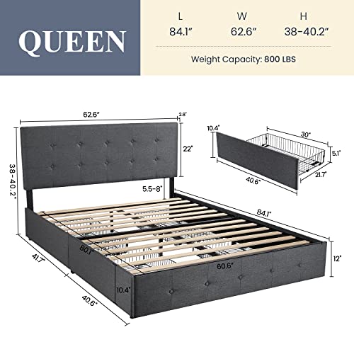 Allewie Upholstered Queen Size Platform Bed Frame with 4 Storage Drawers and Headboard, Square Stitched Button Tufted Mattress Foundation with Wooden Slats Support, No Box Spring Needed, Dark Grey