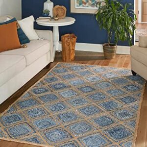 Unique Loom Braided Jute Collection Classic Quality Made Natural Hand Woven with Geometric Design Area Rug (9' 0 x 12' 0 Rectangular, Blue/ Natural)