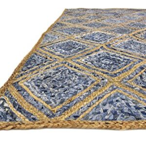 Unique Loom Braided Jute Collection Classic Quality Made Natural Hand Woven with Geometric Design Area Rug (9' 0 x 12' 0 Rectangular, Blue/ Natural)