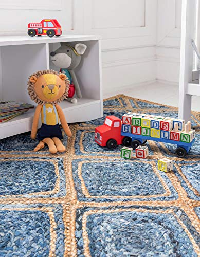 Unique Loom Braided Jute Collection Classic Quality Made Natural Hand Woven with Geometric Design Area Rug (9' 0 x 12' 0 Rectangular, Blue/ Natural)