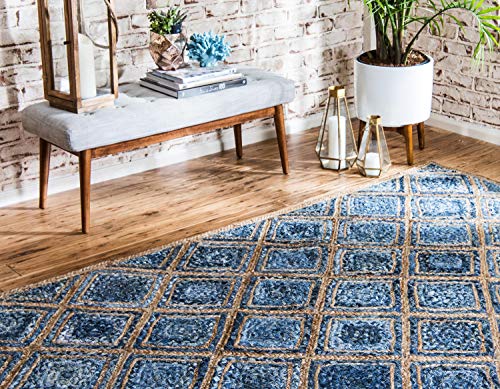 Unique Loom Braided Jute Collection Classic Quality Made Natural Hand Woven with Geometric Design Area Rug (9' 0 x 12' 0 Rectangular, Blue/ Natural)