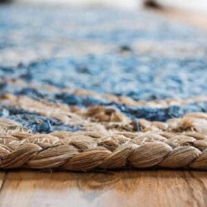 Unique Loom Braided Jute Collection Classic Quality Made Natural Hand Woven with Geometric Design Area Rug (9' 0 x 12' 0 Rectangular, Blue/ Natural)