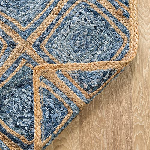 Unique Loom Braided Jute Collection Classic Quality Made Natural Hand Woven with Geometric Design Area Rug (9' 0 x 12' 0 Rectangular, Blue/ Natural)