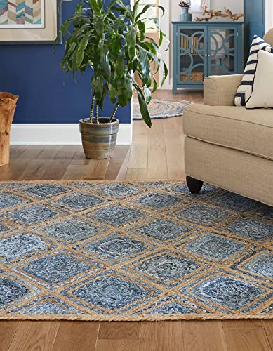 Unique Loom Braided Jute Collection Classic Quality Made Natural Hand Woven with Geometric Design Area Rug (9' 0 x 12' 0 Rectangular, Blue/ Natural)