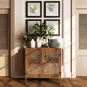 COZAYH 2 Door Accent Cabinet Modern Mirror Fronts Clean-Lined Silhouette, Natural