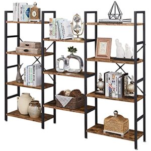 superjare triple 4 tier bookshelf, bookcase with 11 open display shelves, wide book shelf book case for home & office, rustic brown