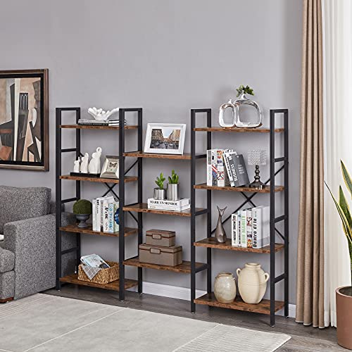 SUPERJARE Triple 4 Tier Bookshelf, Bookcase with 11 Open Display Shelves, Wide Book Shelf Book Case for Home & Office, Rustic Brown