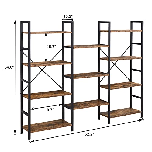 SUPERJARE Triple 4 Tier Bookshelf, Bookcase with 11 Open Display Shelves, Wide Book Shelf Book Case for Home & Office, Rustic Brown