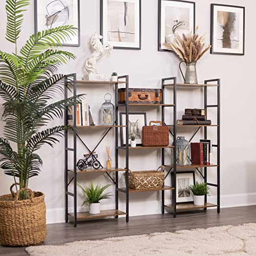 SUPERJARE Triple 4 Tier Bookshelf, Bookcase with 11 Open Display Shelves, Wide Book Shelf Book Case for Home & Office, Rustic Brown