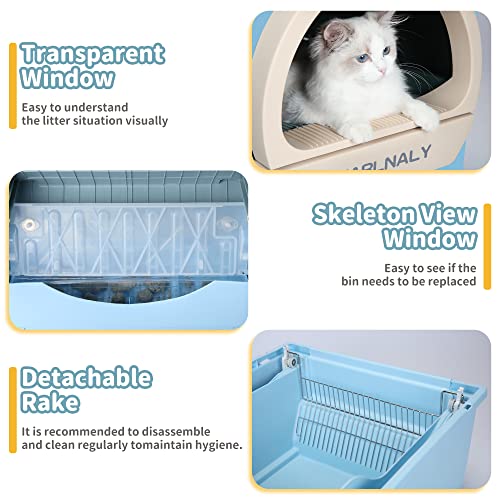 VARLNALY 3.0 Large Self-Cleaning Cat Litter Box, Pull-Out Non-Electric Automatic Cat Litter Box with Lid(24PCS Trash Box), One-Piece Base Prevents Urine＆Litter Leakage, Enclosed Isolates Odor (Blue)